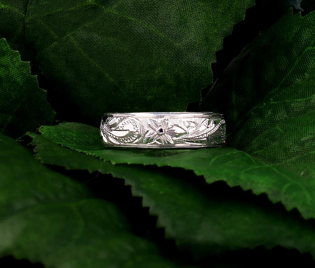 6mm Hawaiian Ring Hand Engraved Plumeria Scroll Design No Name Barrel ...
