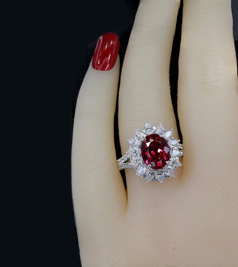 Lab Grown Ruby Engagement Ring: 14kt White Gold Halo Moissanite - Etsy