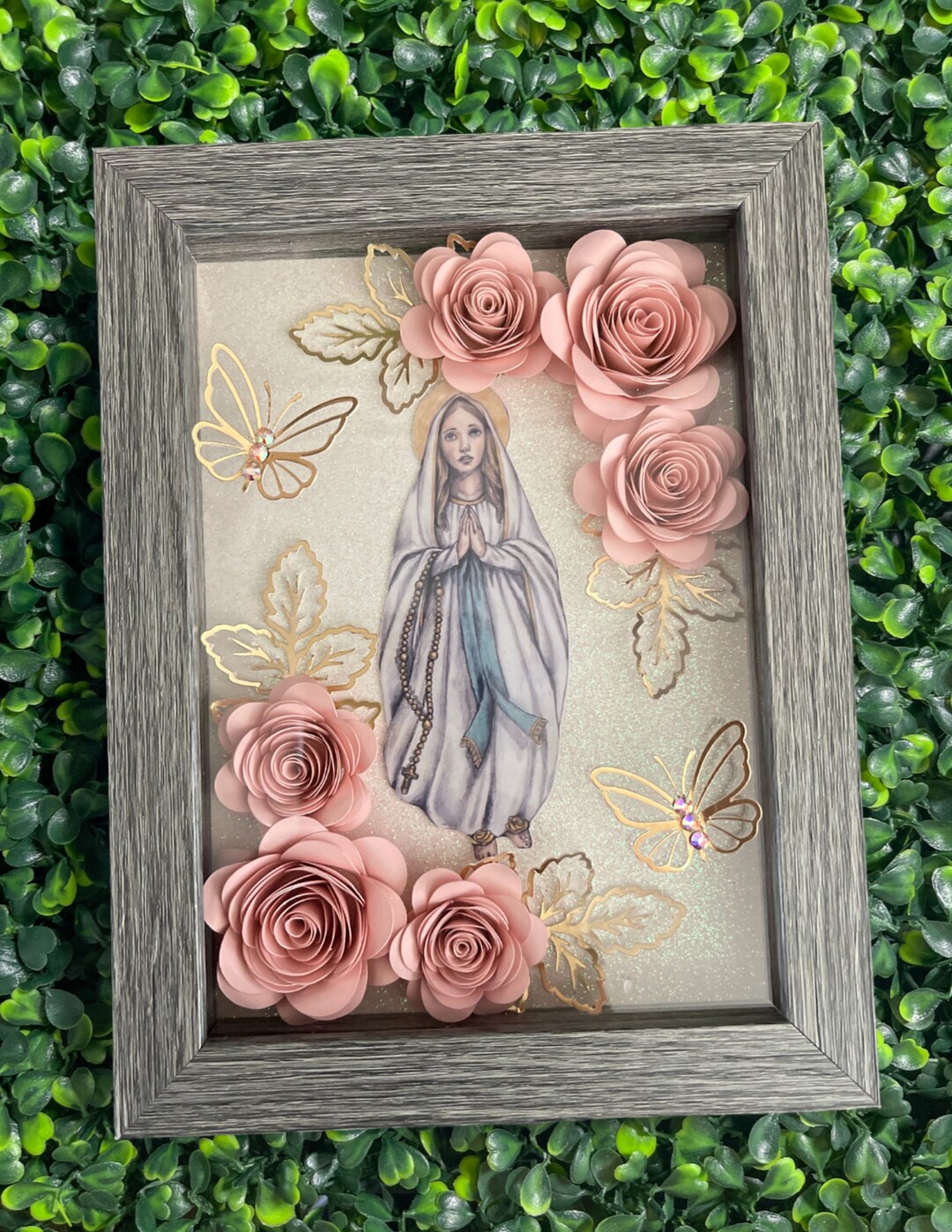 Our Lady of Lourdes Flower Box Shadow Box With Handmade Paper Roses - Etsy
