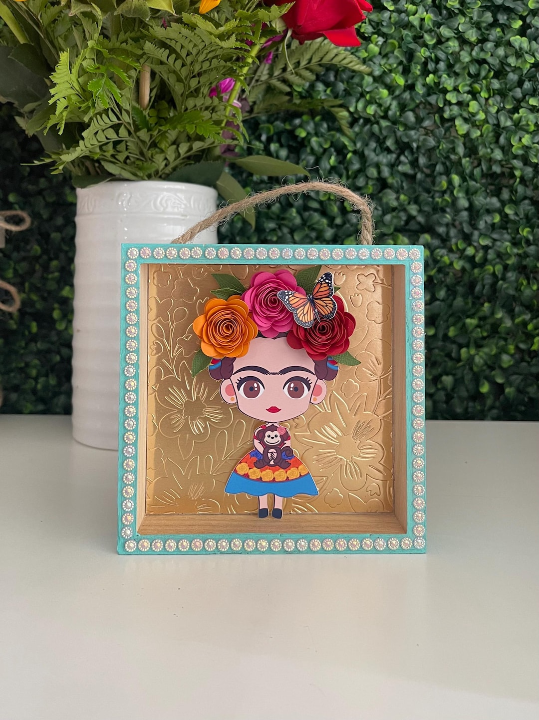Fridita, 5x5inch Wood Plaque Frida Kahlo Flower Box Shadow Box With ...
