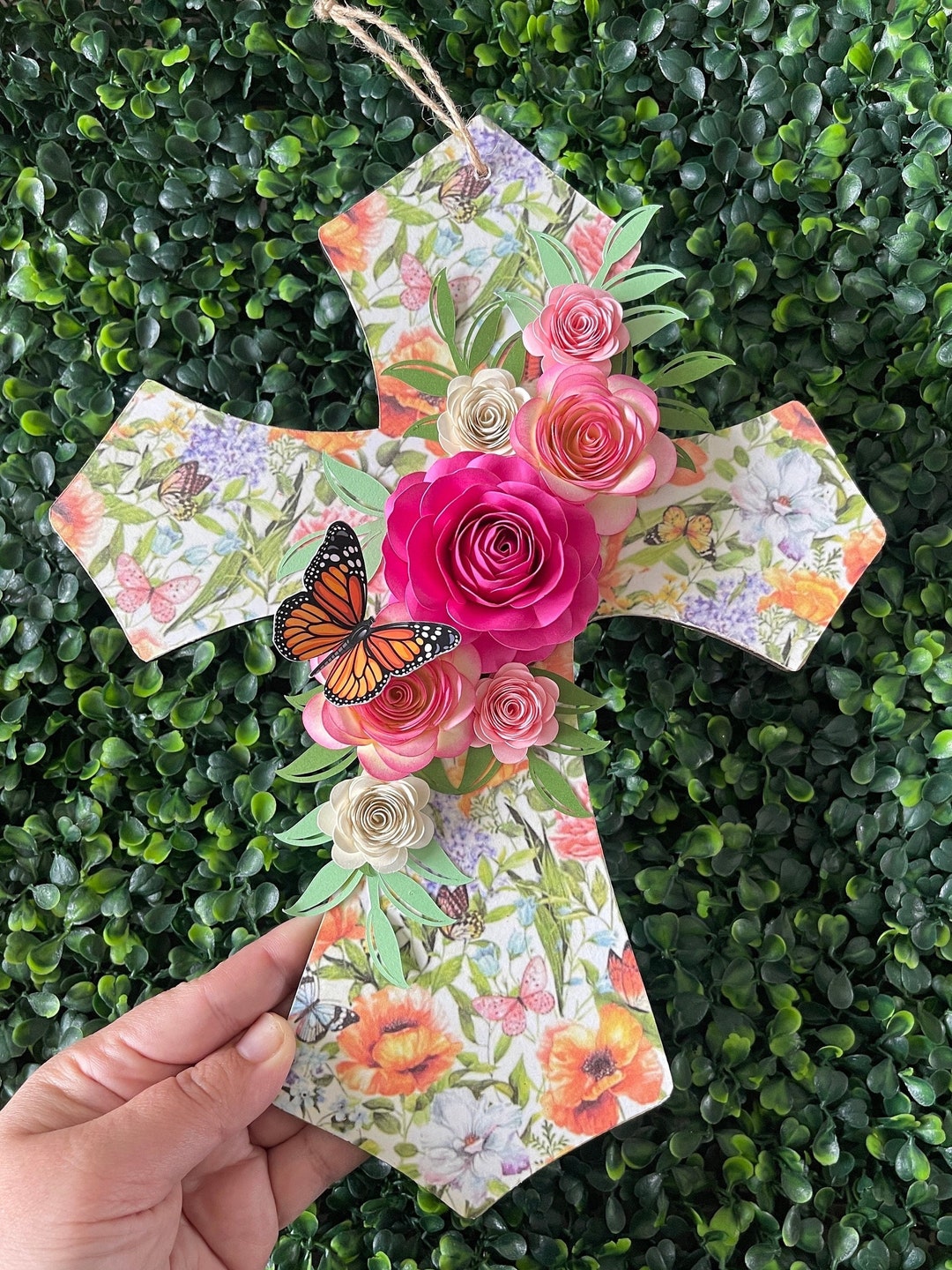 Hanging Wood Floral Cross / Handmade Paper Flowers Arrangement ...
