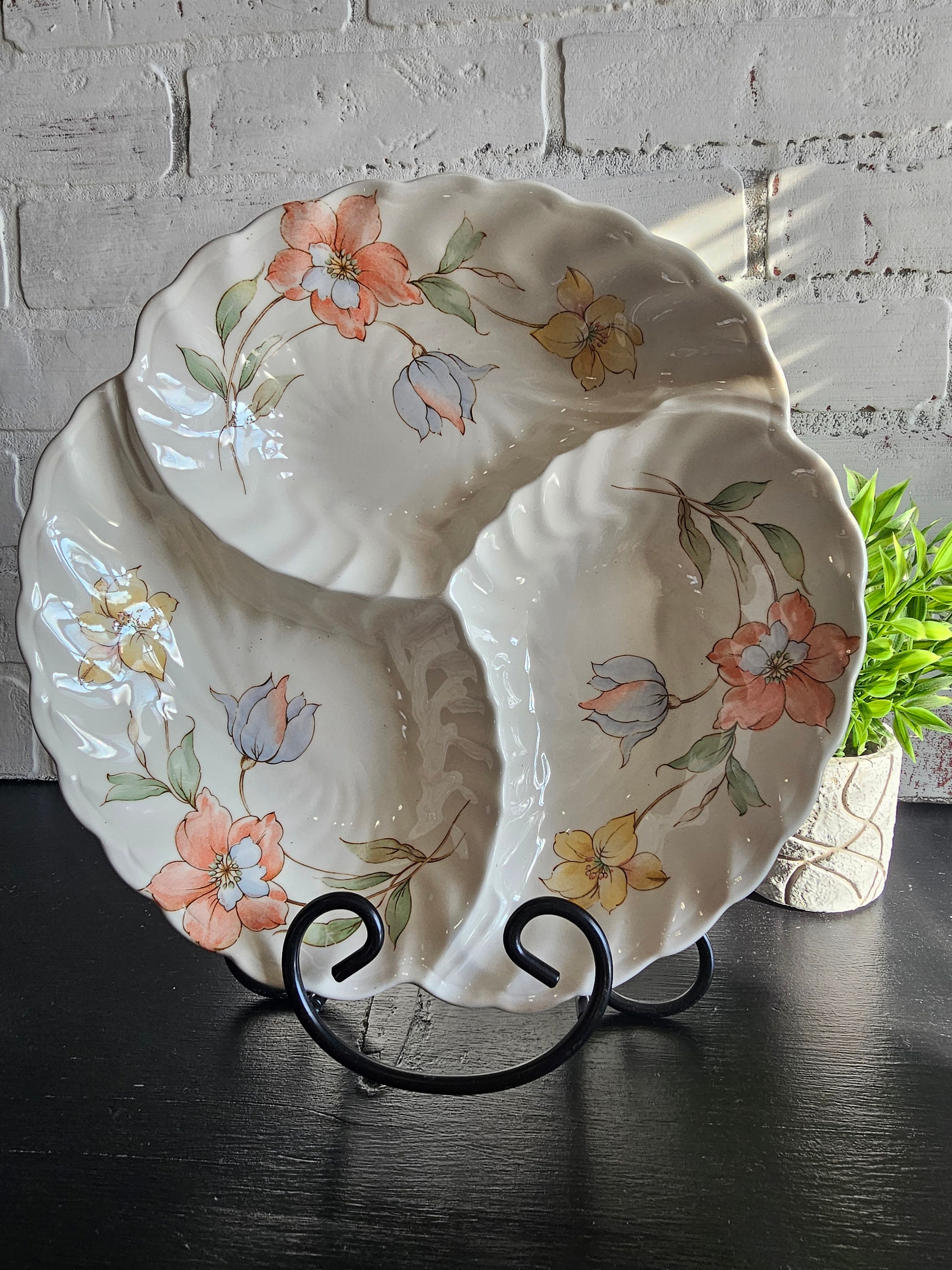 NT China 3 Section Divided Serving Relish Dish With Floral Design and ...
