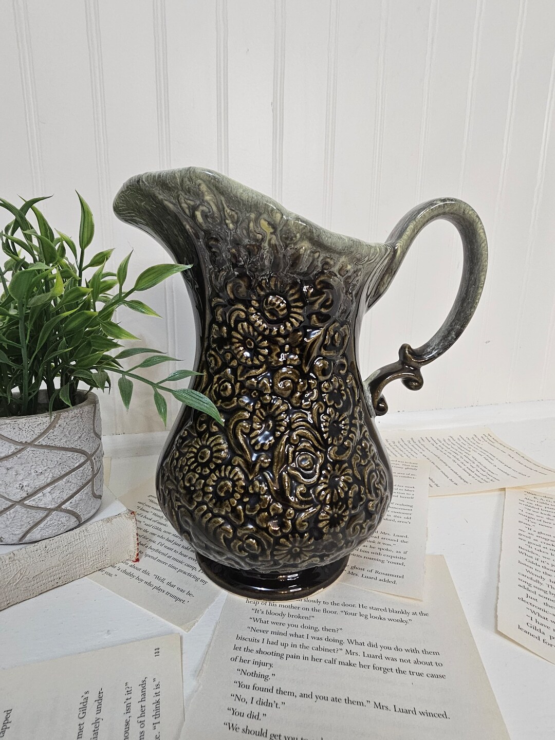 Green Vintage Hull USA B38 Pitcher With Floral Design - Etsy