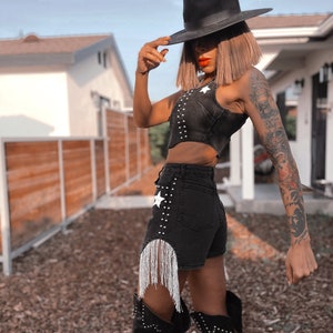 Western Denim Black Cowgirl Star Fringe Rave Set Star Top and Shorts ...