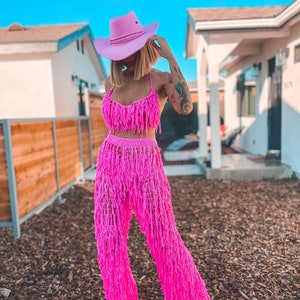 Western Crochet Pink Cowgirl Knit Fringe Rave Set Bachelorette - Etsy