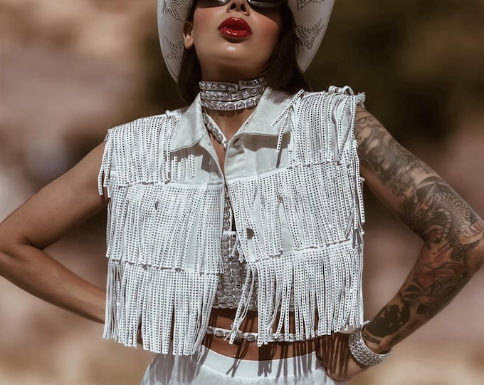 Rhinestone Fringe Denim Vest: White Western Cowgirl Jacket - Etsy