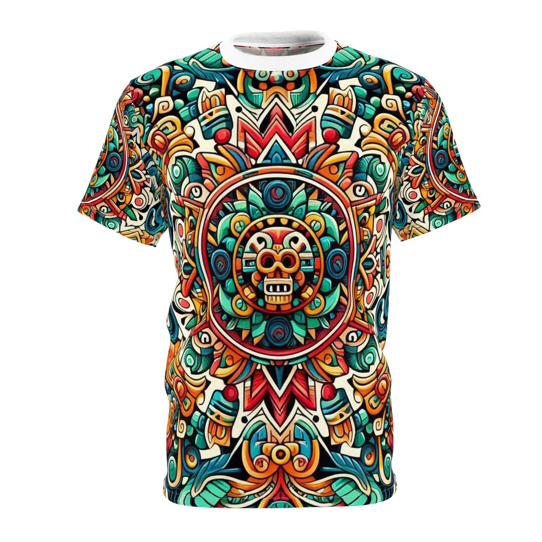 Aztec Skull Sunburst All-over Print Tee - Cultural Graphic T-shirt ...