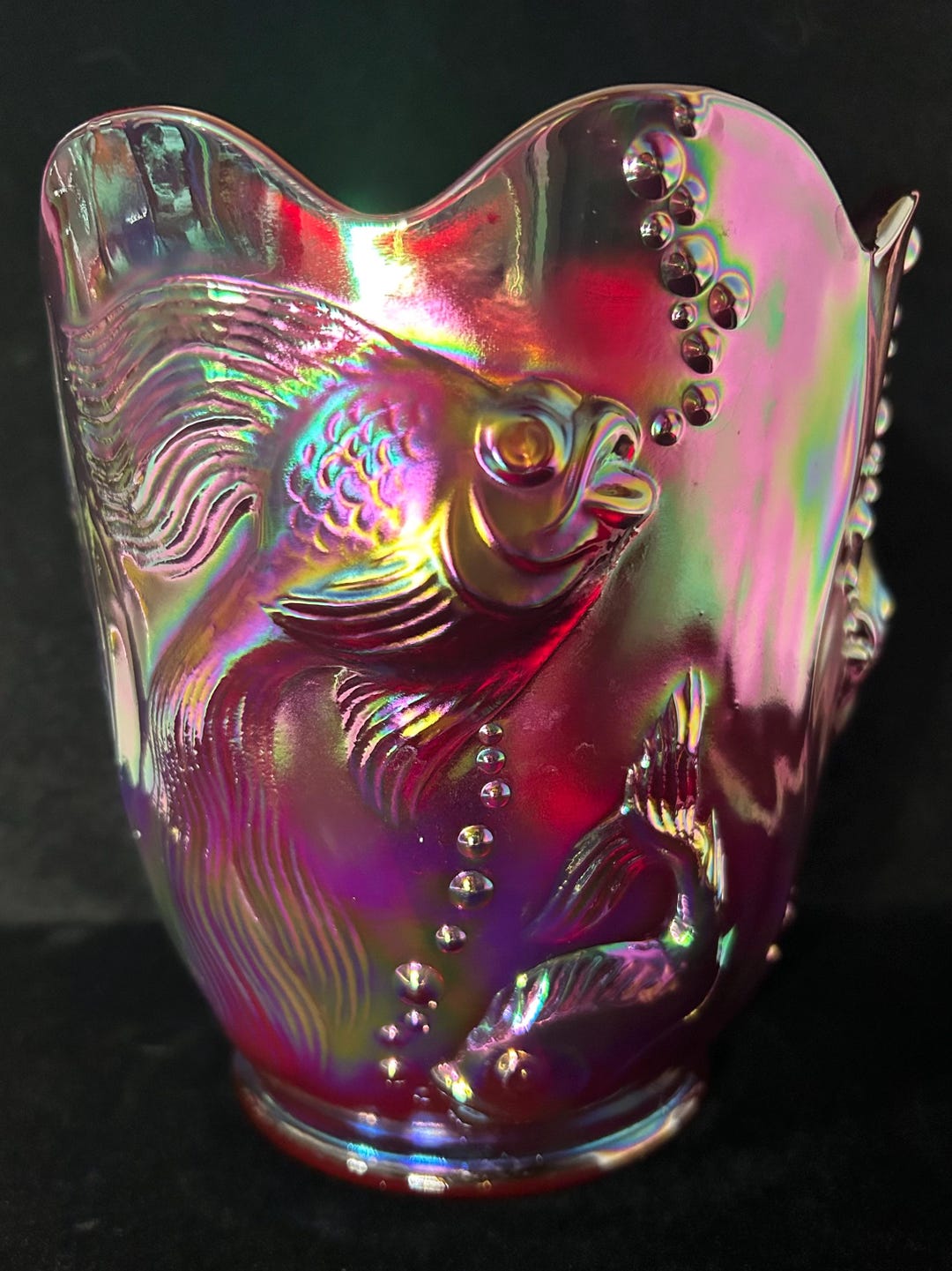 FENTON Ruby Red Iridescent Carnival Glass Atlantis Fish VASE W/sticker ...
