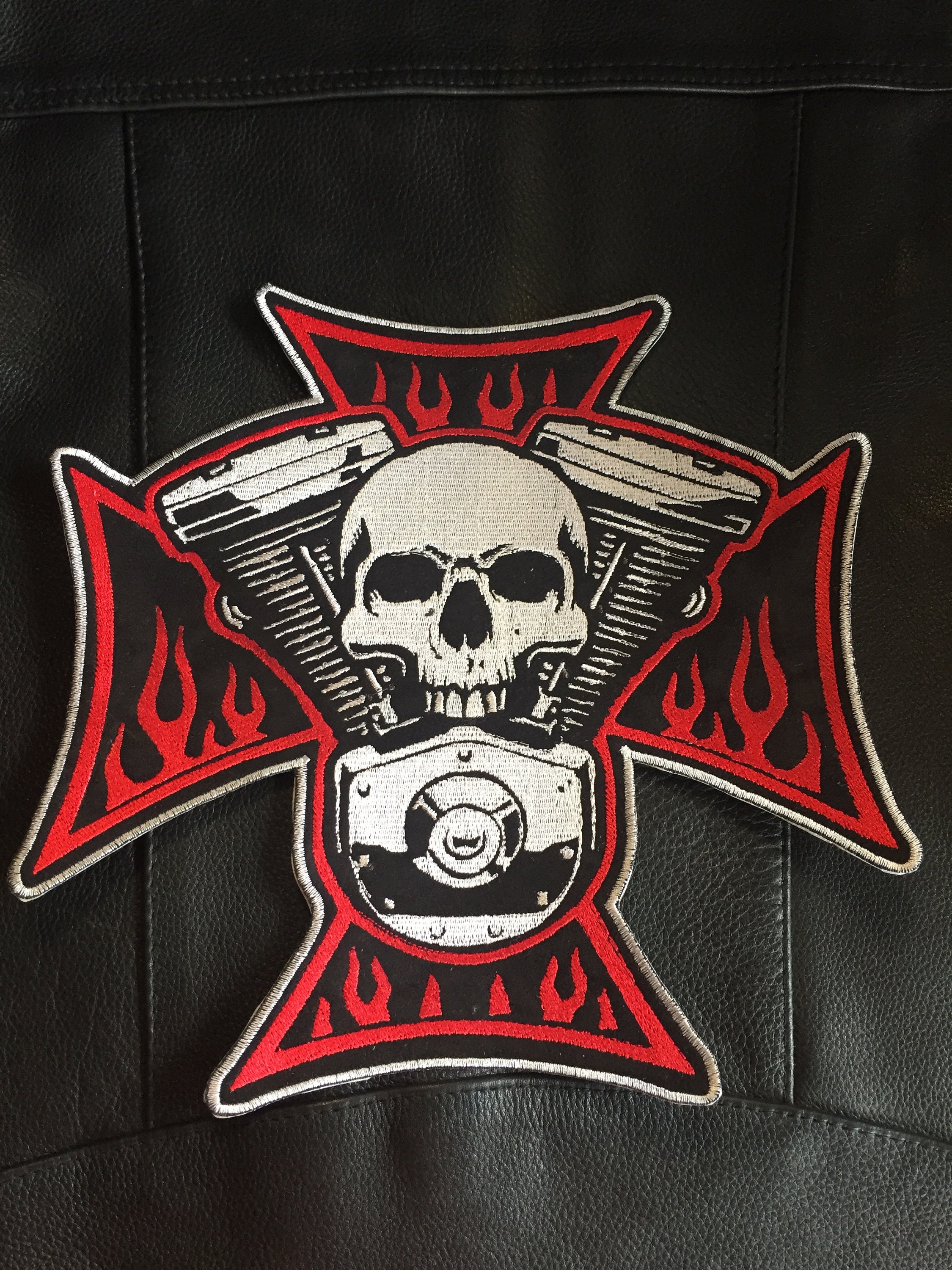 Custom Made V Twin Skull Cross Flame Patch Black Red Silver Gray Biker ...