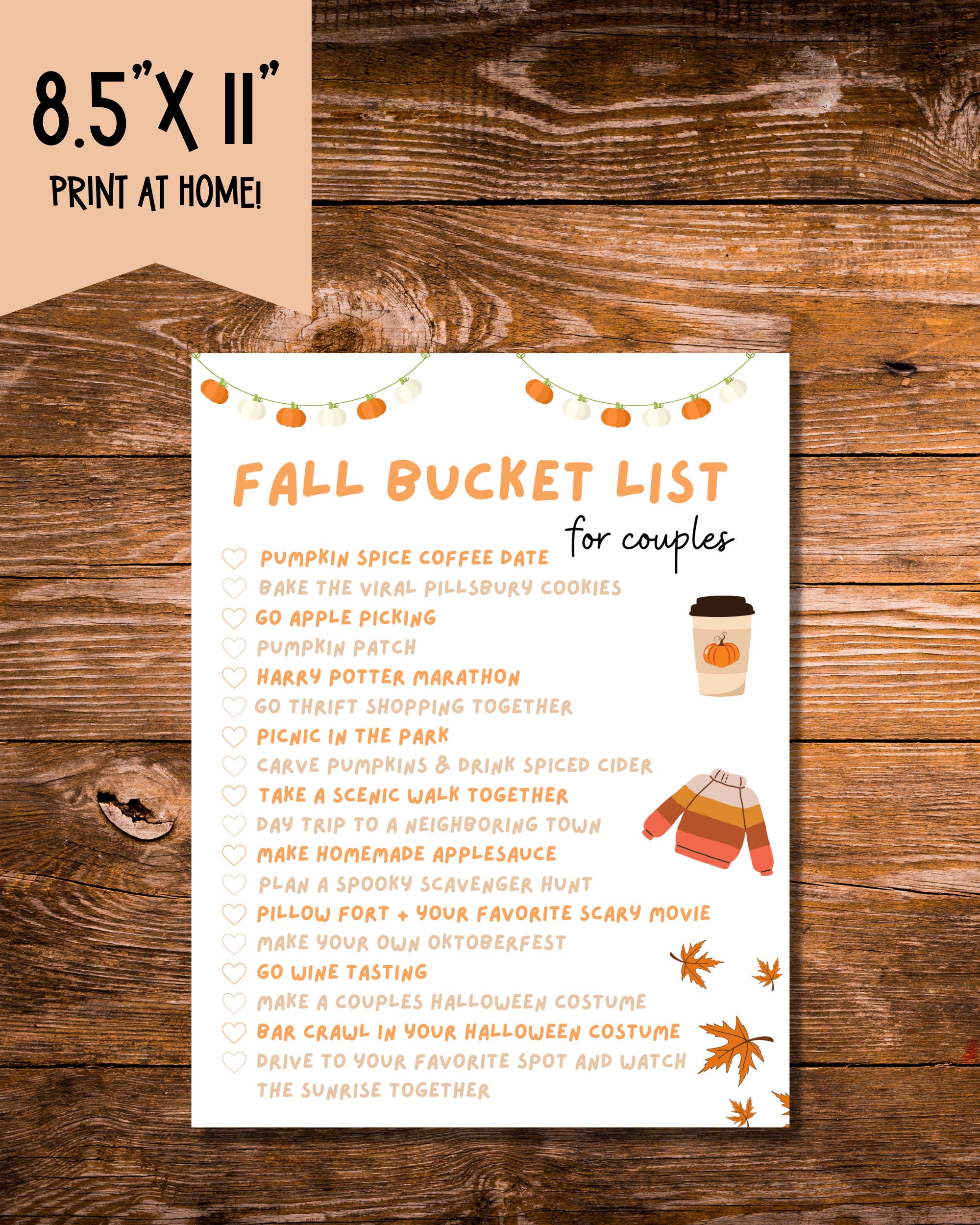 Fall Bucket List for Couples Printable, Fun Fall Date Ideas, Cute ...