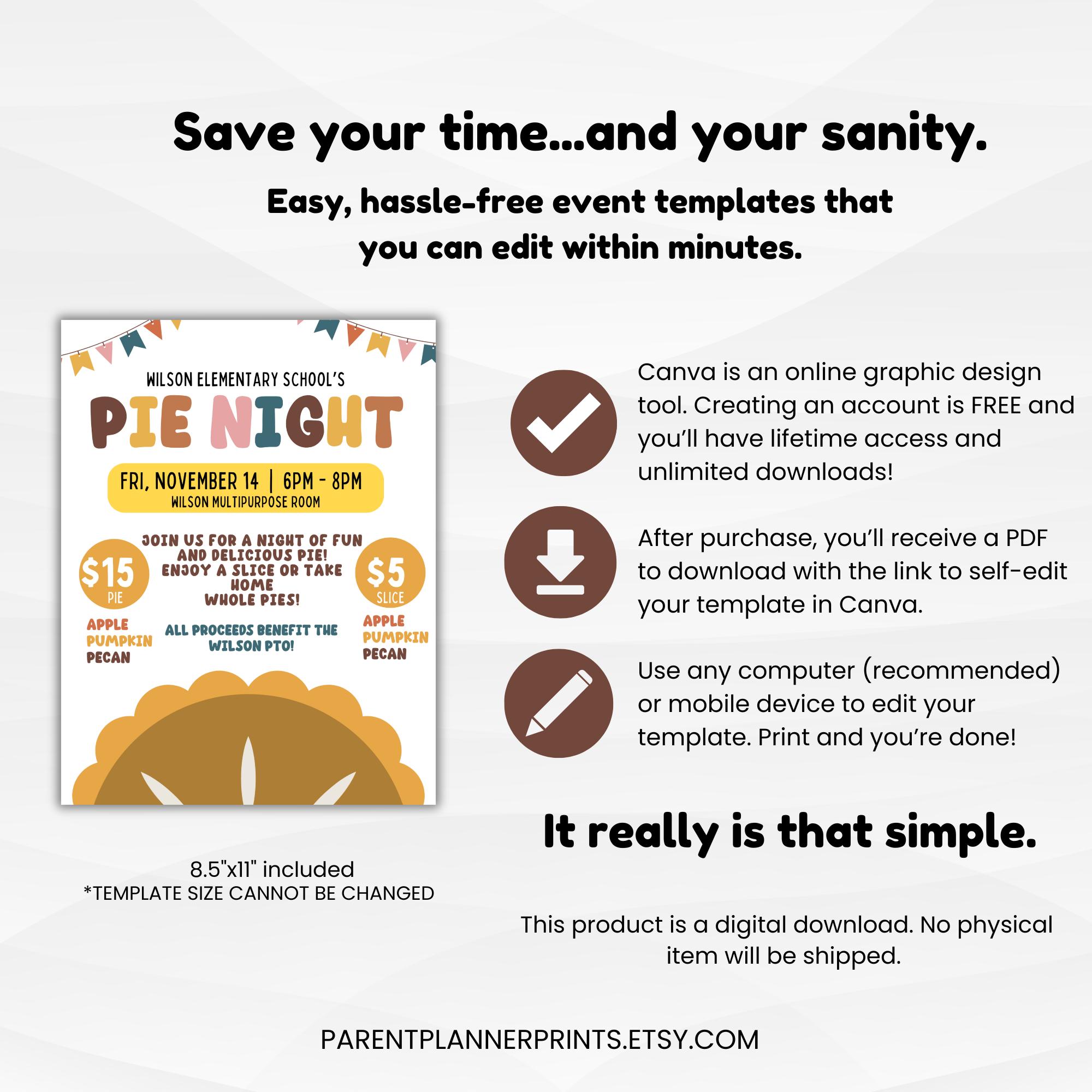 Pie Night Fundraiser Flyer Template | Editable Canva PTO Event ...