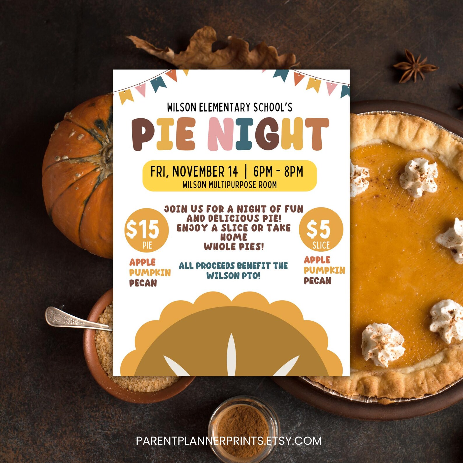 Pie Night Fundraiser Flyer Template | Editable Canva PTO Event ...