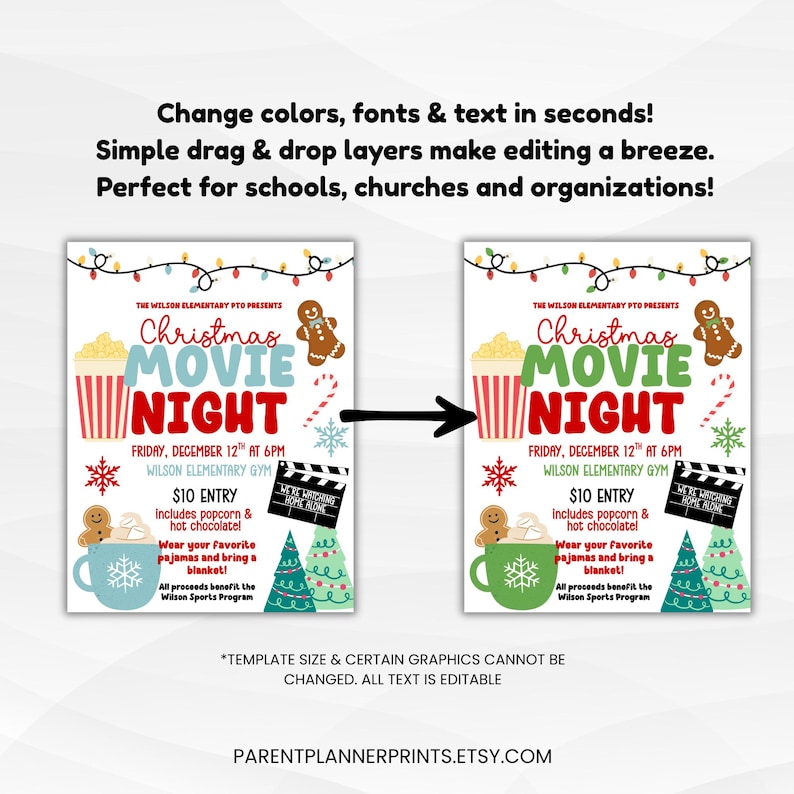 PTA Christmas Movie Night School Flyer | Editable Event Flyer | Canva ...