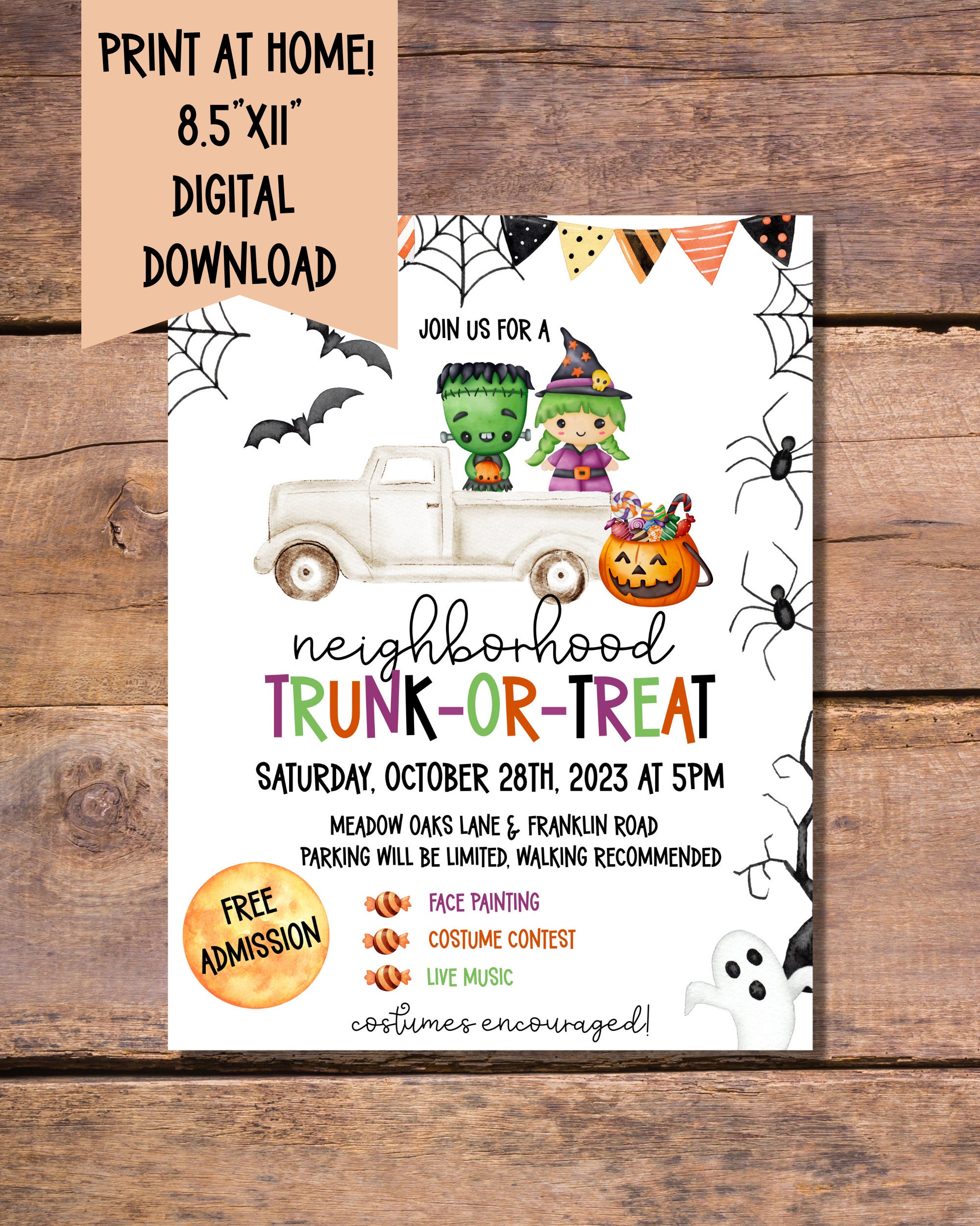 Editable Trunk or Treat Halloween Flyer 8.5"x11", Neighborhood Trunk-or ...