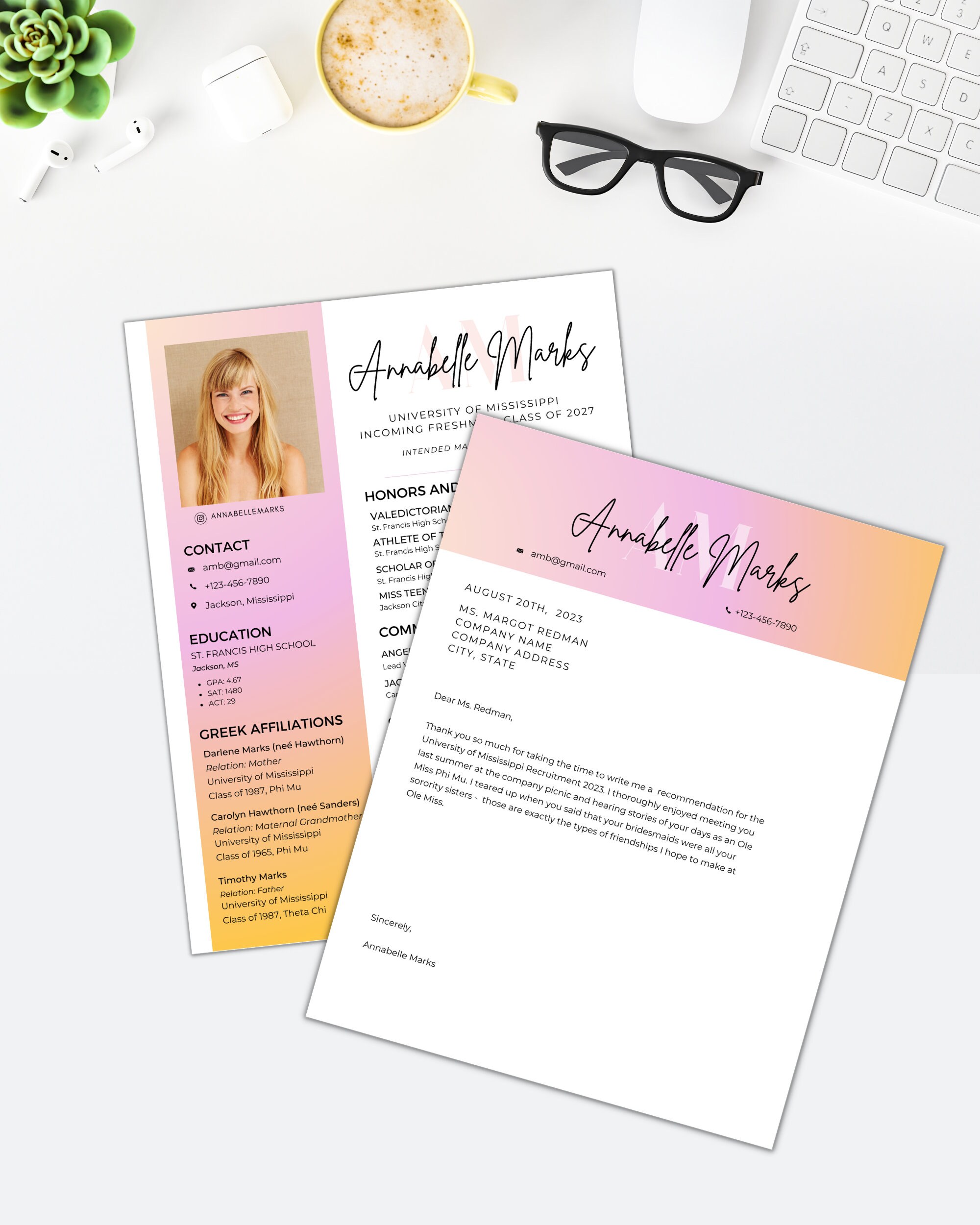 Sorority Resume and Cover Letter Template Editable Resume for Sorority Recruitment Photo Resume ...