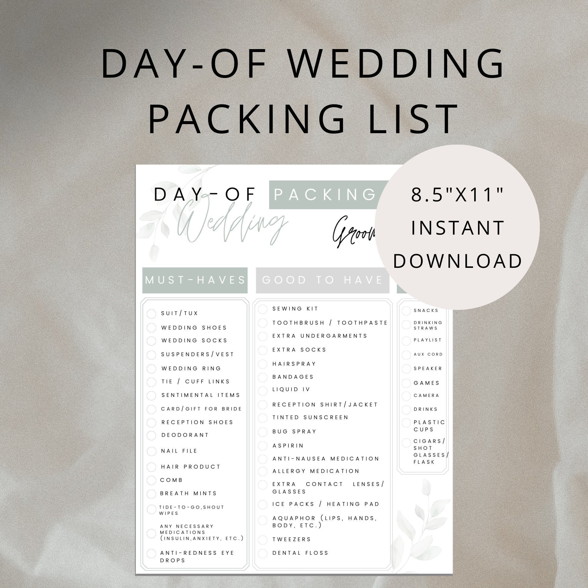 Wedding Day Packing List Printable Template Day-of Checklist for the ...
