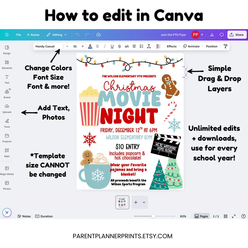 PTA Christmas Movie Night School Flyer | Editable Event Flyer | Canva ...