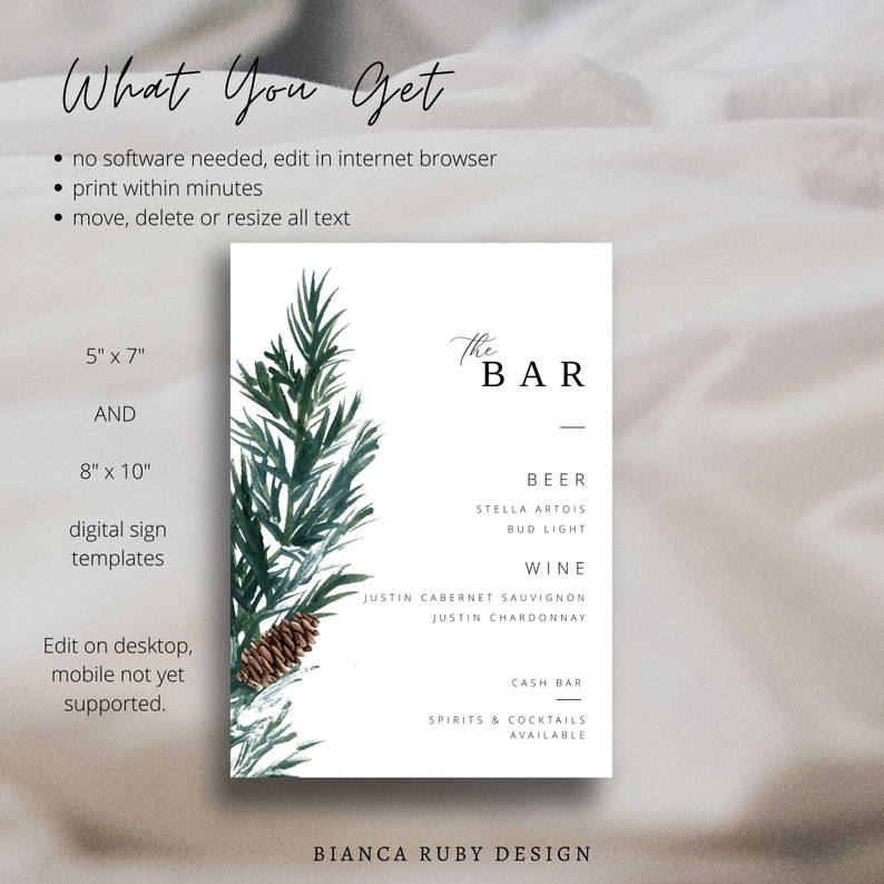Winter Wedding Bar Menu Sign Template Beer and Wine Sign - Etsy