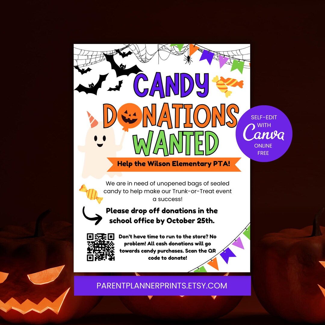 Halloween Candy Donation Flyer | Editable School Canva Template | Trunk ...