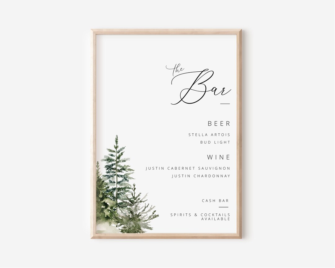 Simple Bar Menu Sign Template for Winter Weddings, Beer and Wine Menu ...