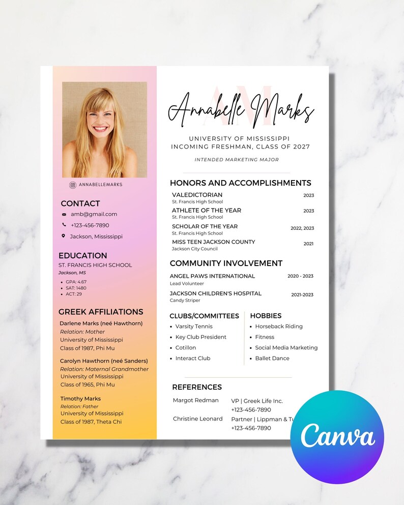 Sorority Resume and Cover Letter Template Editable Resume for Sorority Recruitment Photo Resume ...