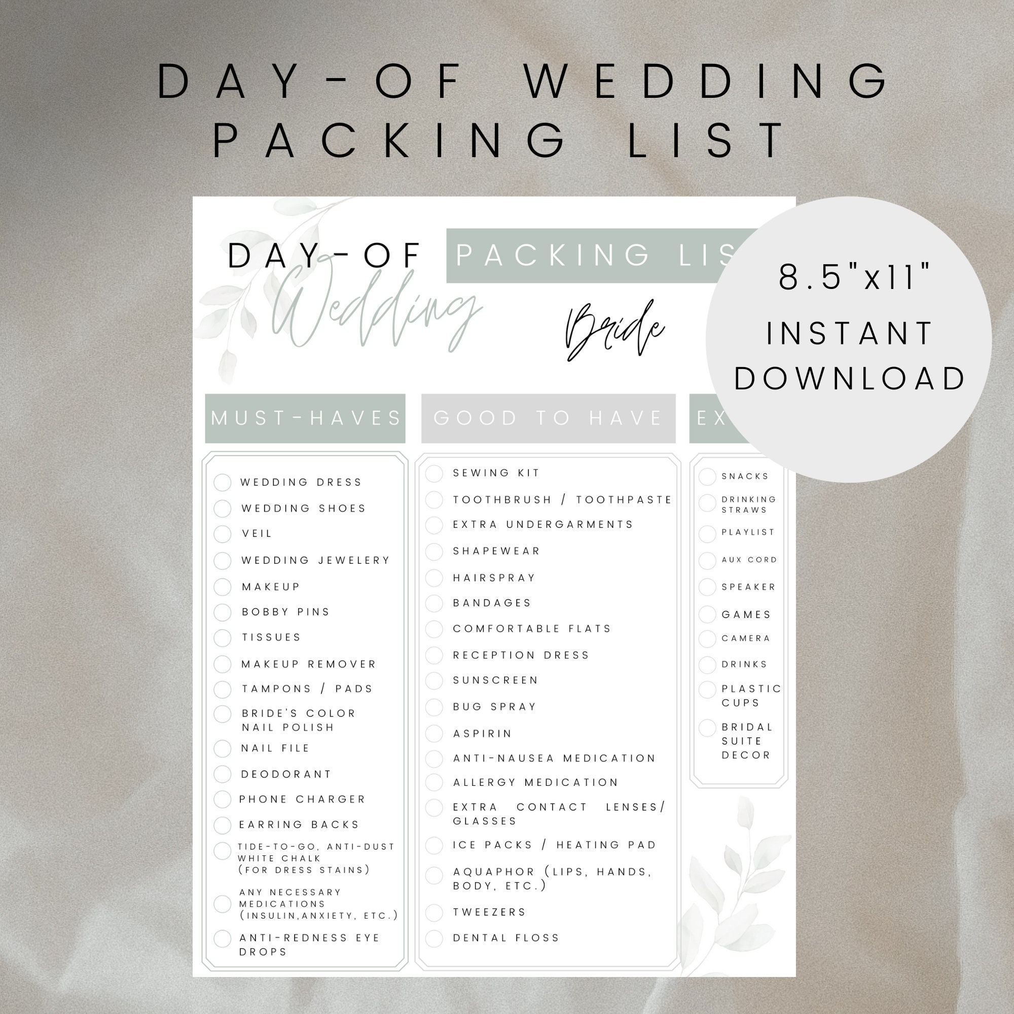 Wedding Packing List Printable Template Day-of Checklist | Etsy