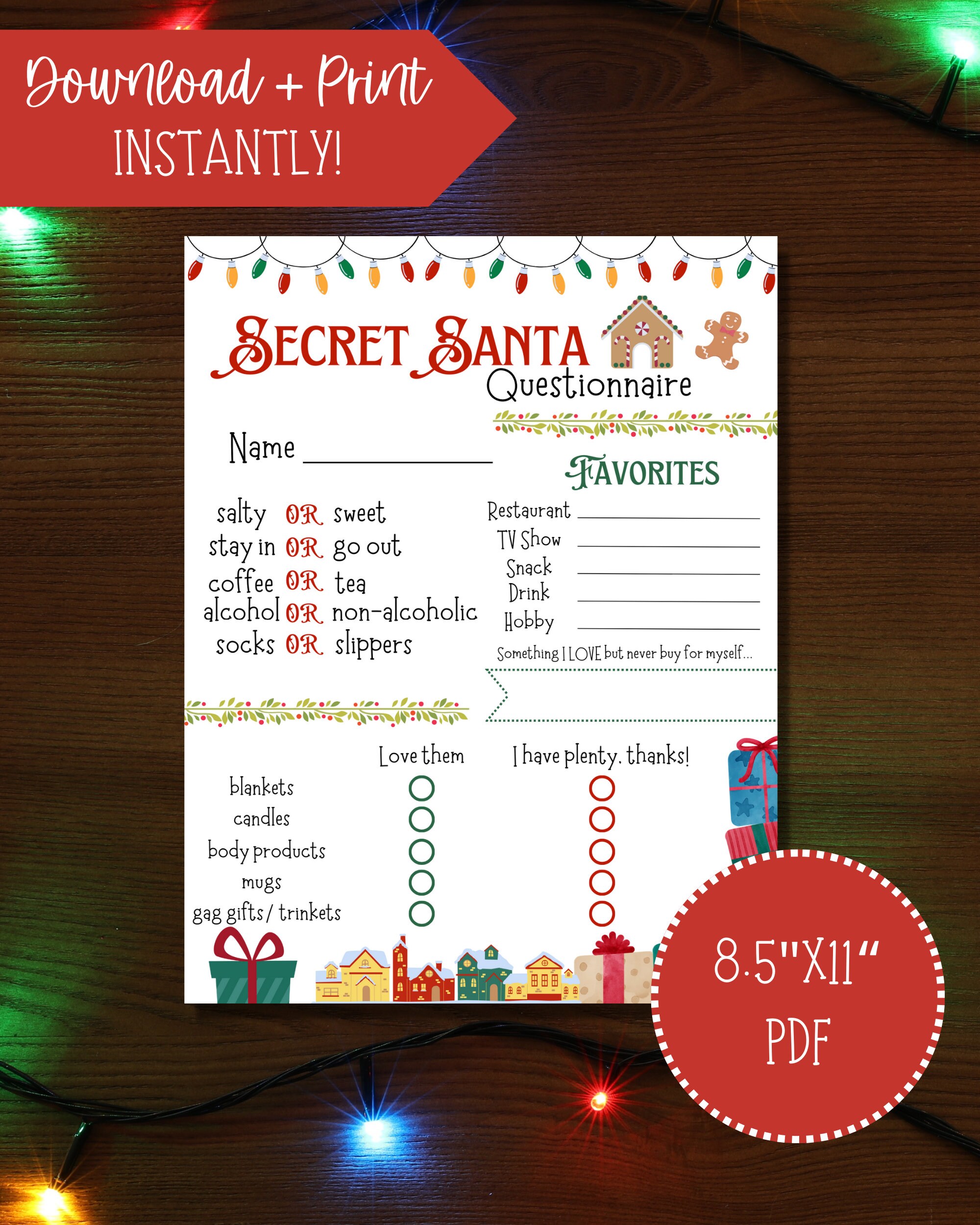 Christmas Secret Santa Questionnaire, Holiday Gift Exchange Party ...