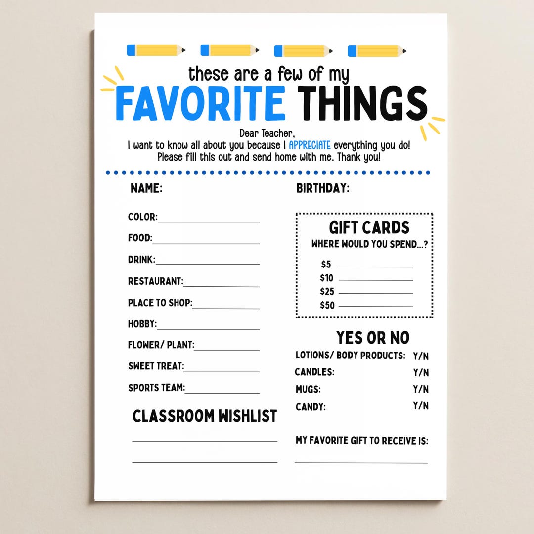 Teacher Favorites Questionnaire Printable, All About Me Survey (digital ...