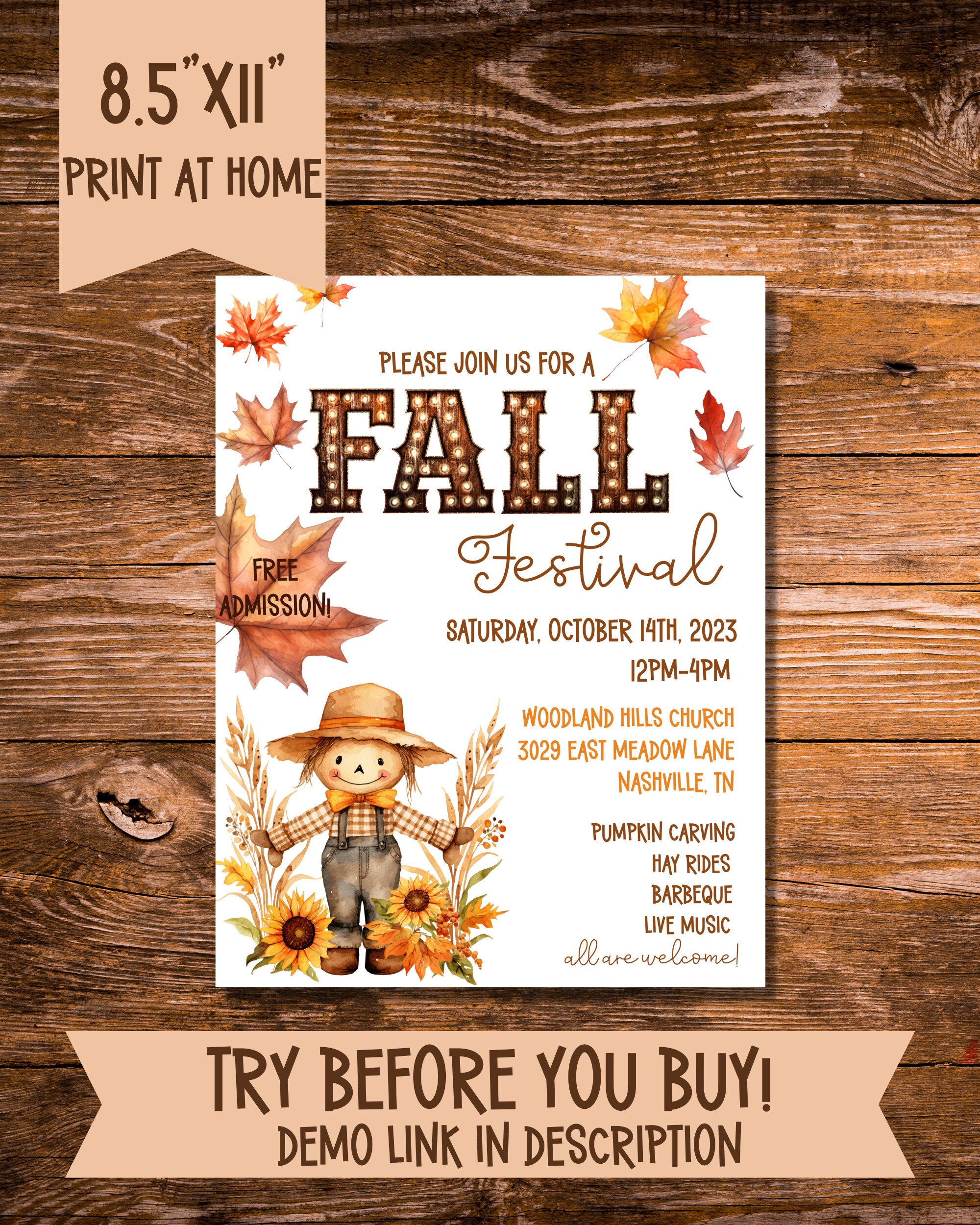 Editable Fall Festival Flyer 8.5x11, Fall Festival Invite, Harvest ...