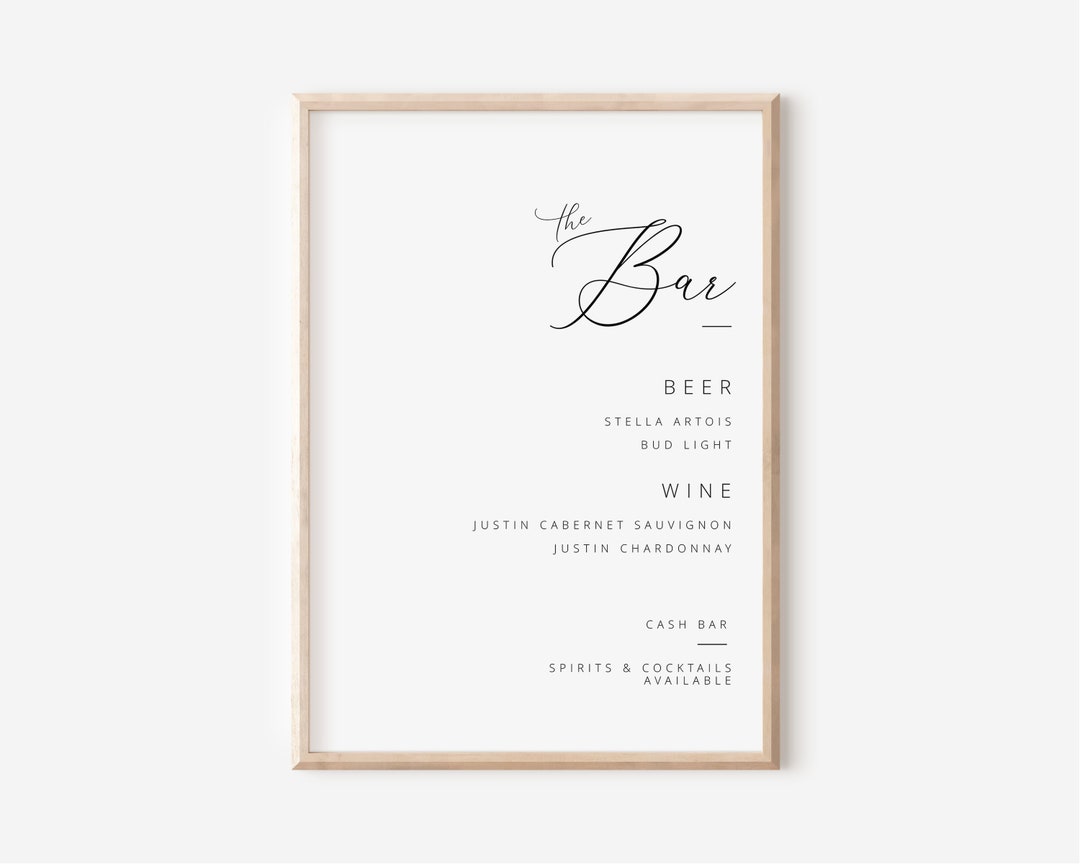 Plantilla de letrero de menú de barra simple para bodas, letrero de ...