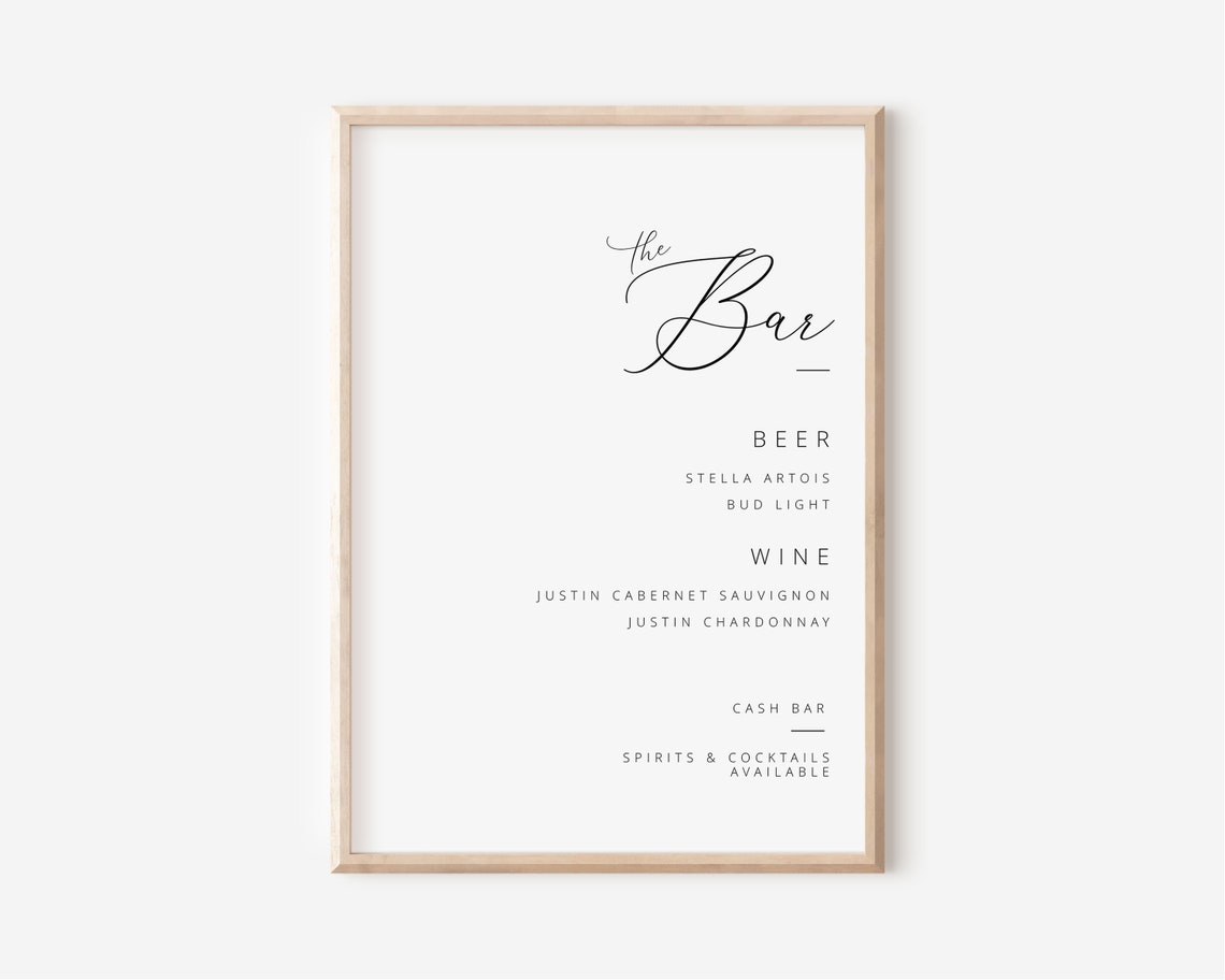 Simple Bar Menu Sign Template for Weddings Beer and Wine Menu - Etsy