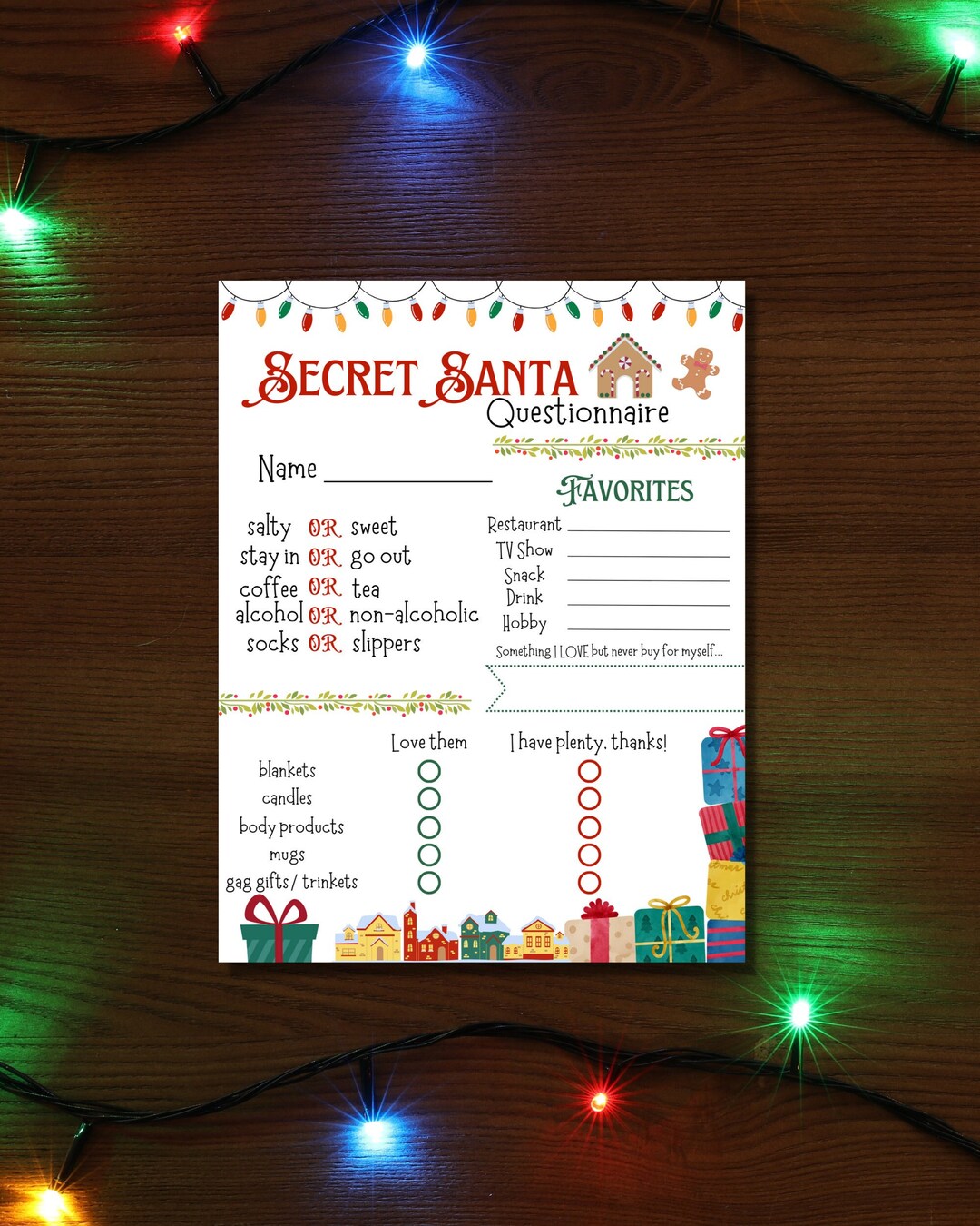 Christmas Secret Santa Questionnaire, Holiday Gift Exchange Party ...