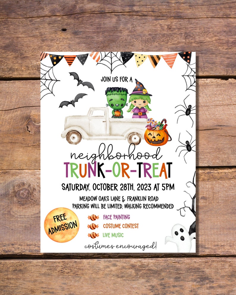 Editable Trunk or Treat Halloween Flyer 8.5"x11", Neighborhood Trunk-or ...