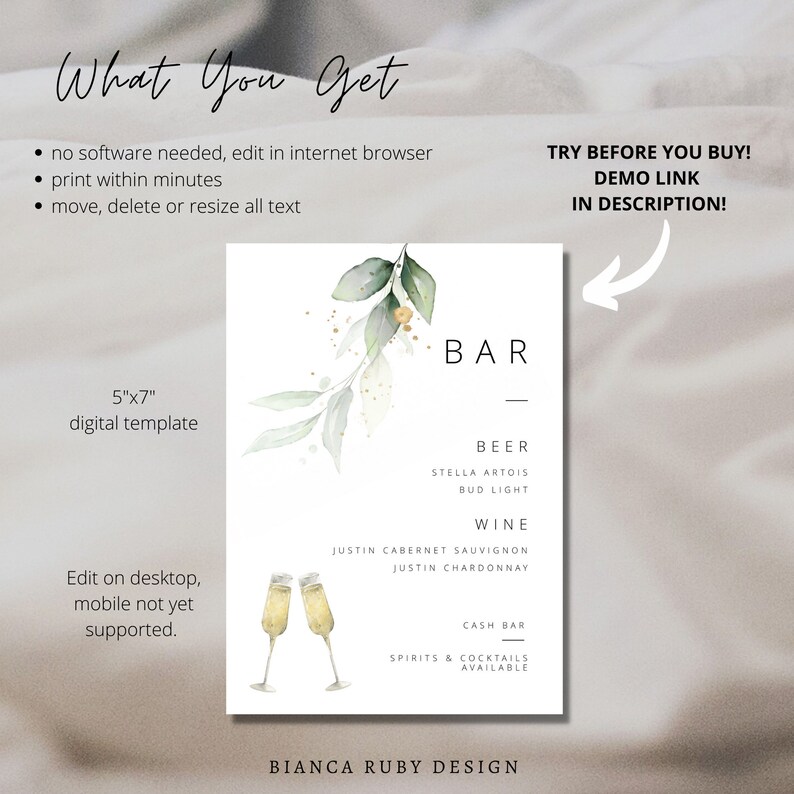 Elegant Bar Menu Sign Template for Wedding Beer and Wine Menu Sign With ...