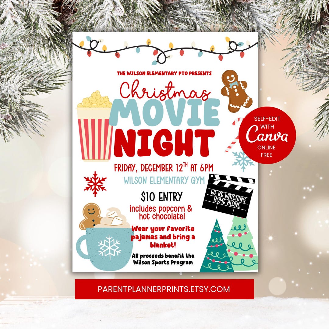 PTA Christmas Movie Night School Flyer | Editable Event Flyer | Canva ...