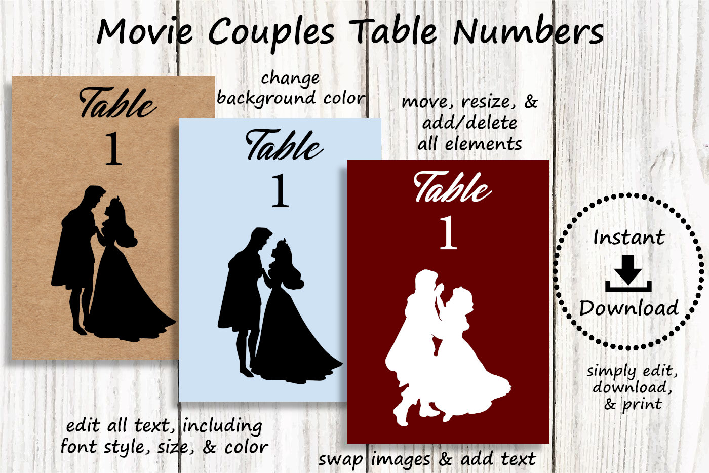 Editable Movie Couples Table Numbers Template - 4x6 & 5x7 Signs for ...