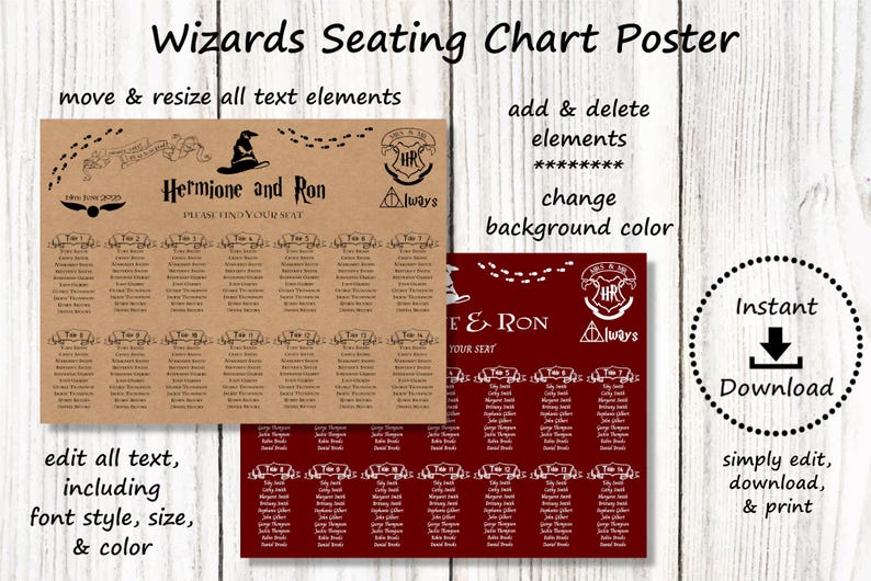 Editable Wizards Seating Chart Poster Template - Magical Wedding Table ...