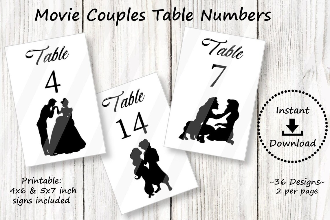 Printable Movie Couples Table Numbers 4x6 & 5x7 Inch Cards - Etsy