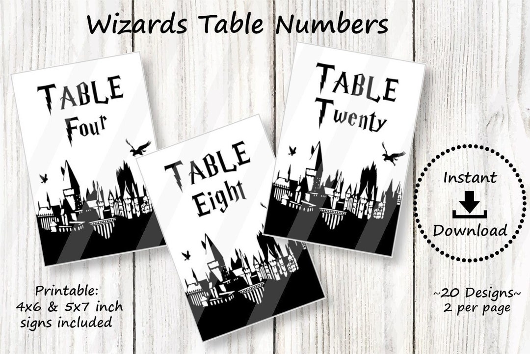 Printable Wizards Table Numbers - 4x6 & 5x7 Inch Cards on 8.5x11 Paper ...