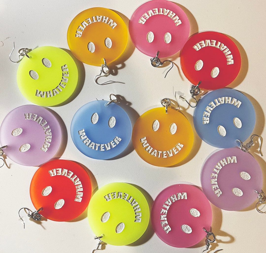 Laser Cut Acrylic WHATEVER Smiley Face Earrings / Red Translucent - Etsy