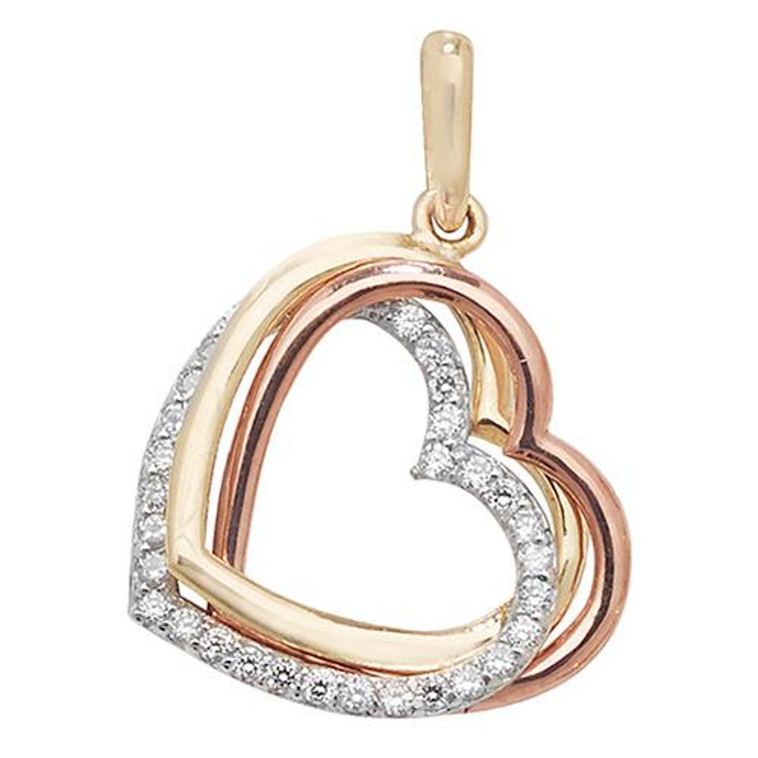 Unity and Harmony: 9ct Tri-colour Gold Interlocking Hearts CZ Pendant ...
