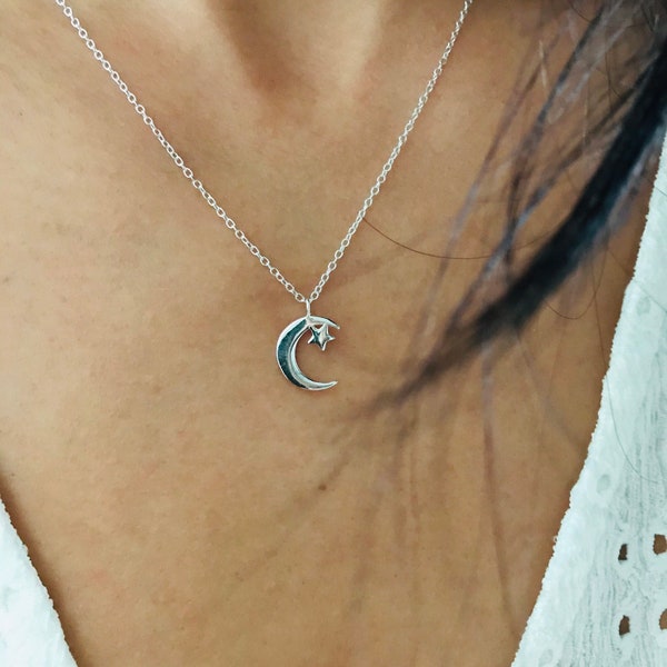 Moon and Star Necklace - Etsy