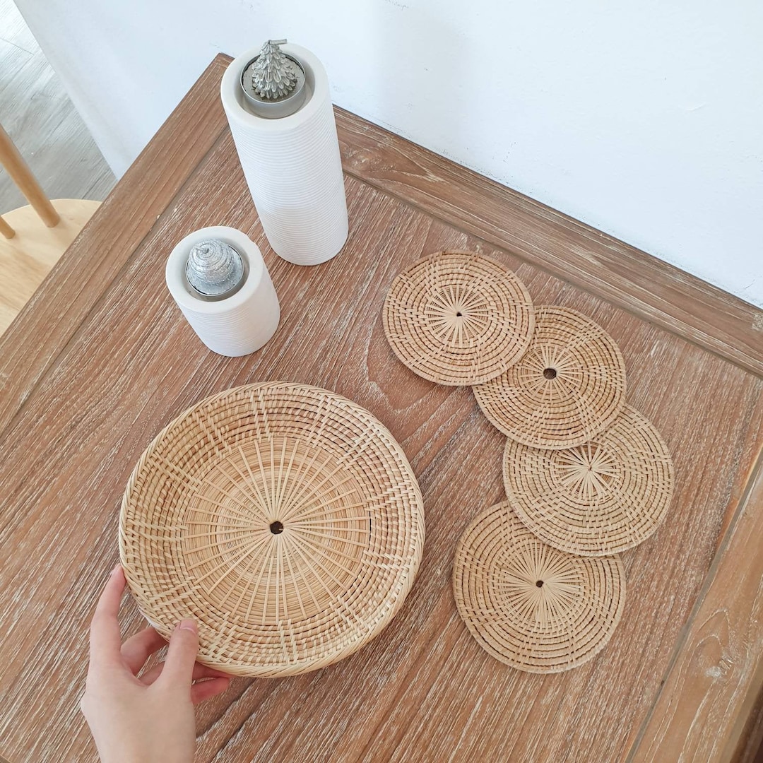 5 Pieces of Rattan Plate and Rattan Coasters Tableware Set Round ...