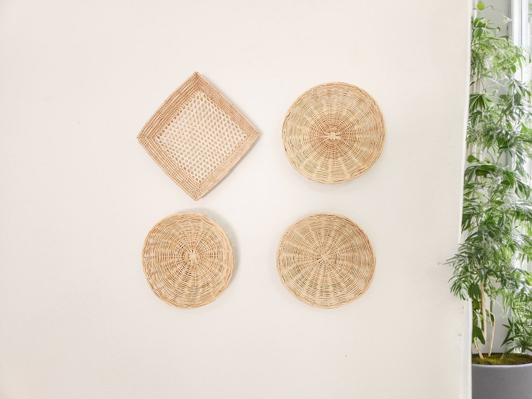 Set of 4 Rattan Wall Baskets, Round Wall Pieces, Panier Mural Rotin ...