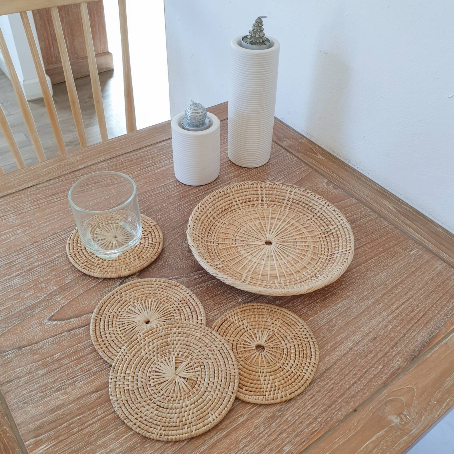 5 Pieces of Rattan Plate and Rattan Coasters Tableware Set Round ...
