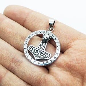 925 Sterling Silver Thors Hammer Mjolnir Norse Viking Runes Circle ...