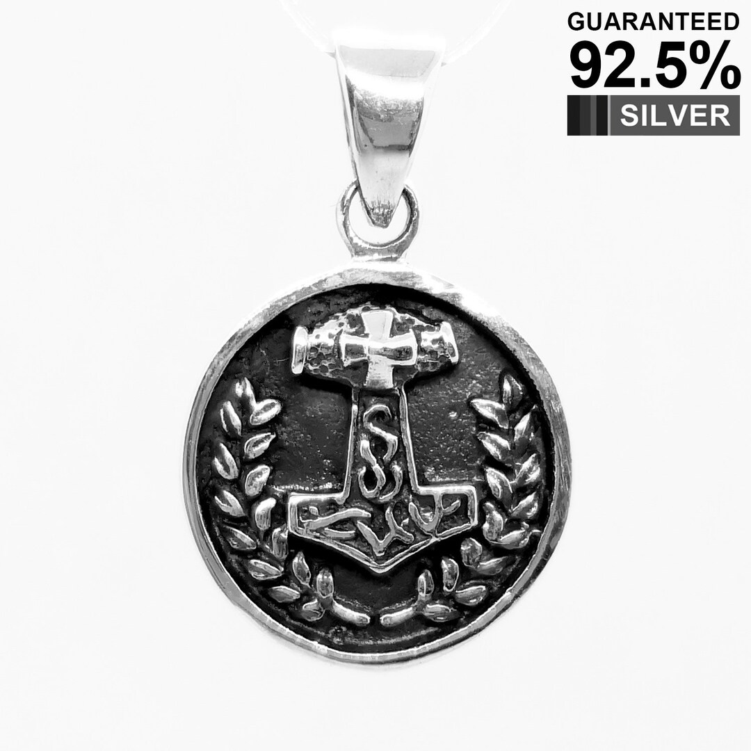 925 Sterling Silver Thor’s Hammer Mjolnir Norse Viking Laurel Circle ...
