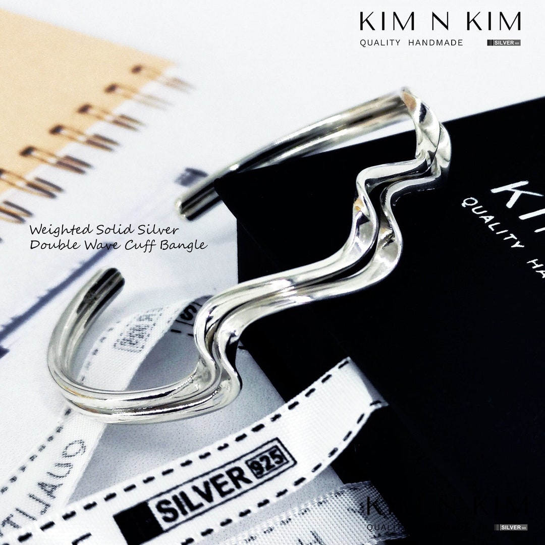 Personalised Double Wave Bangle Bracelet, Silver Wave Bangle Bracelet ...