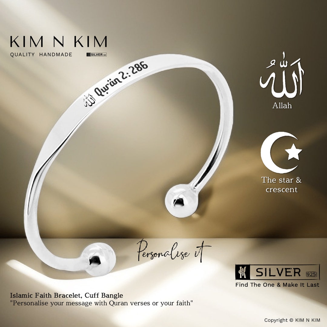 Personalized Sterling Silver Islamic Bangle: Allah, Star, Crescent Cuff ...