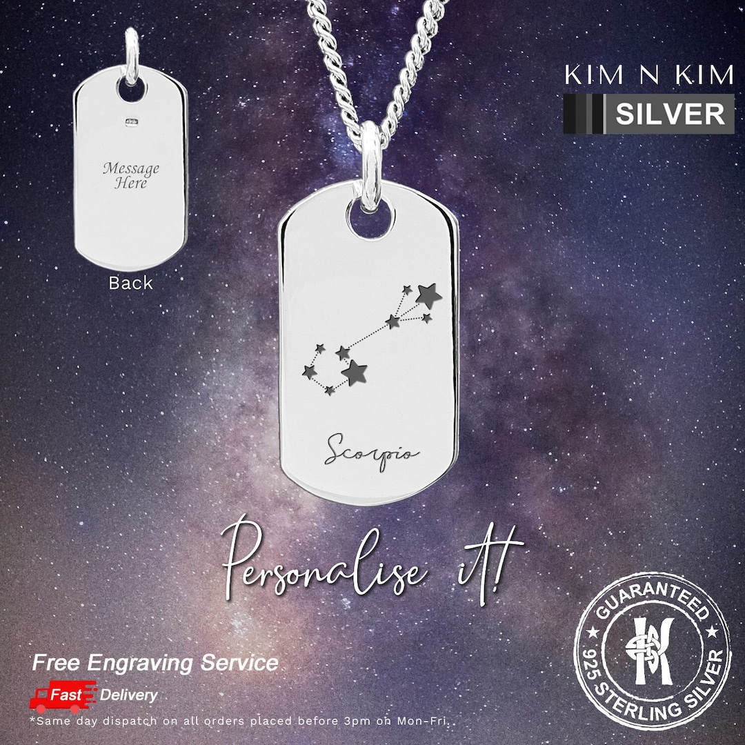 Zodiac Dog Tag Necklace: Personalized Sterling Silver Star Sign Pendant ...